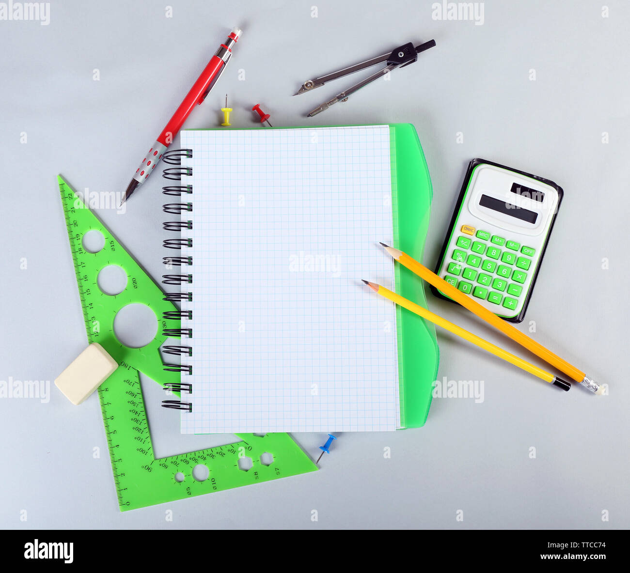 Office and student tools on light background closeup Stock Photo - Alamy