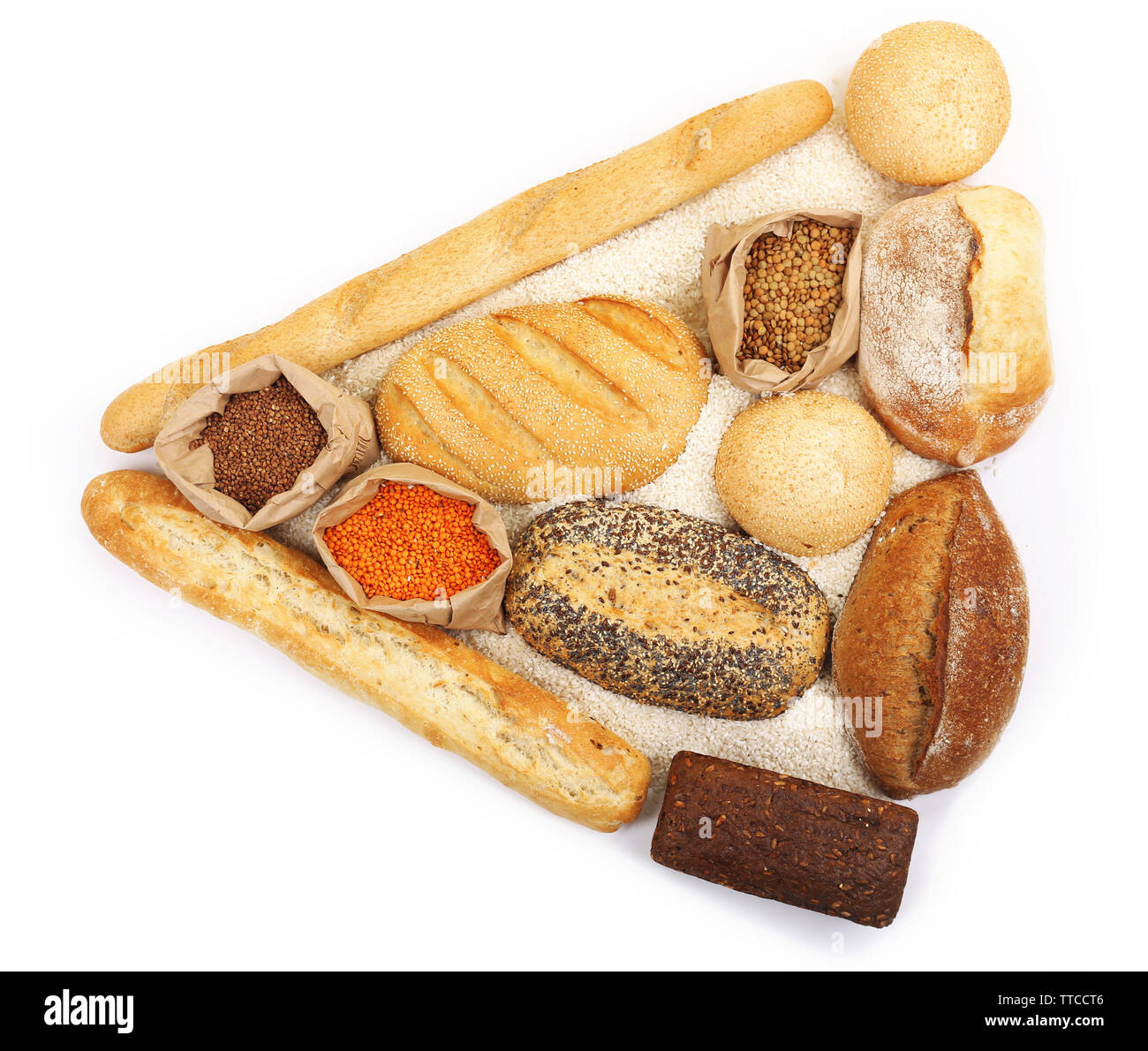 Composition of mixed breads and grains isolated on white background ...