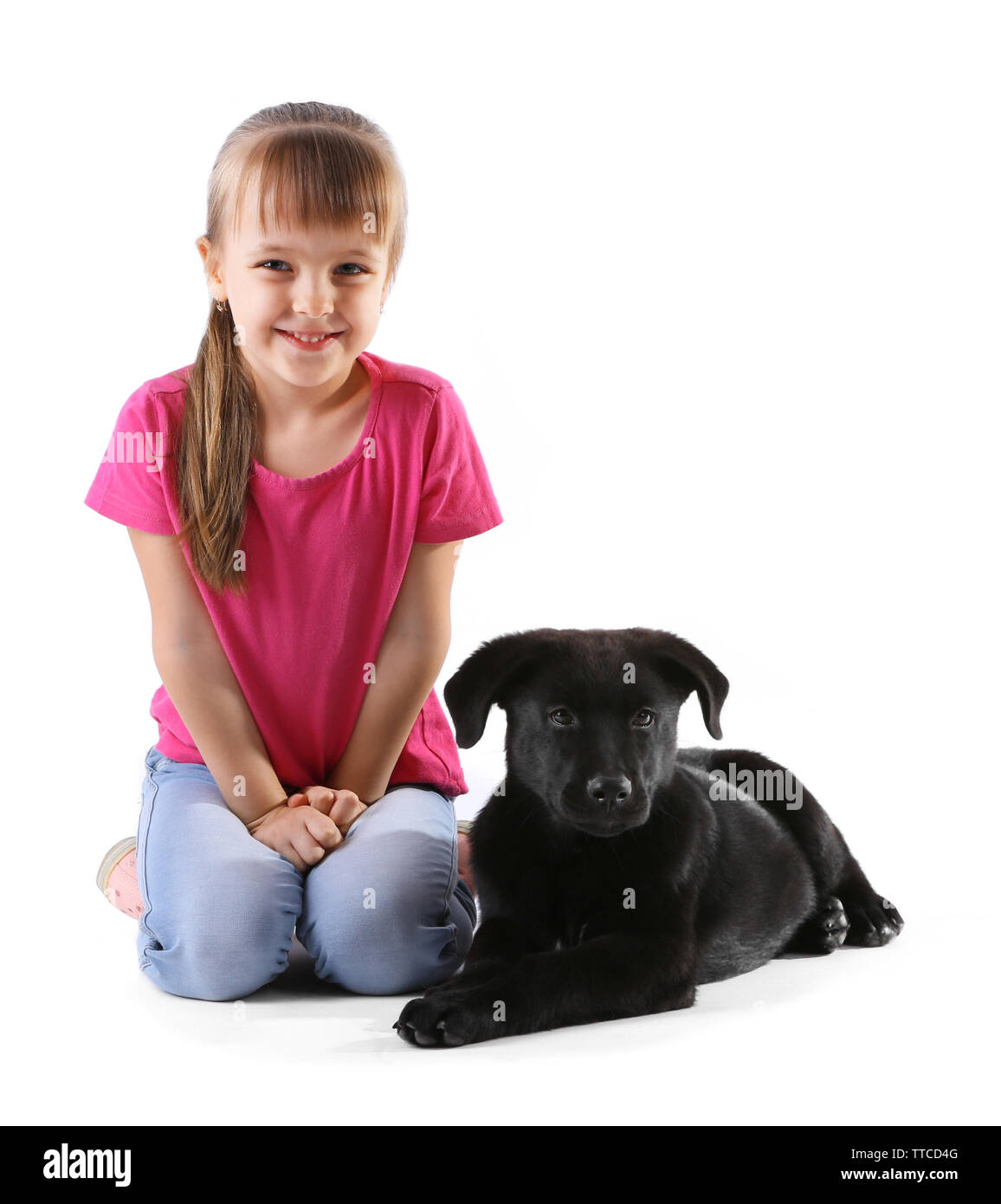 Little cute girl with puppy isolated on white Stock Photo - Alamy