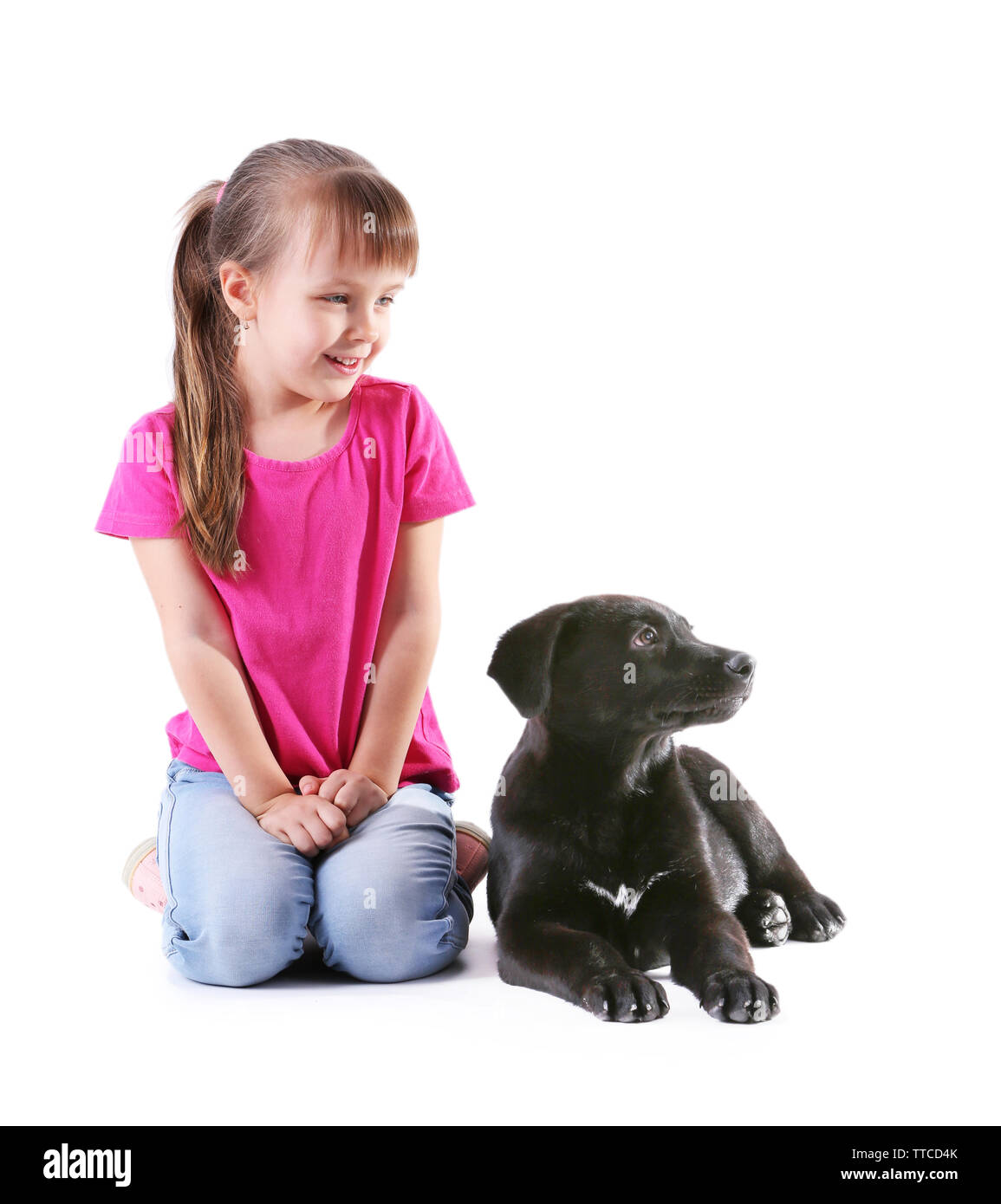 Little cute girl with puppy isolated on white Stock Photo - Alamy