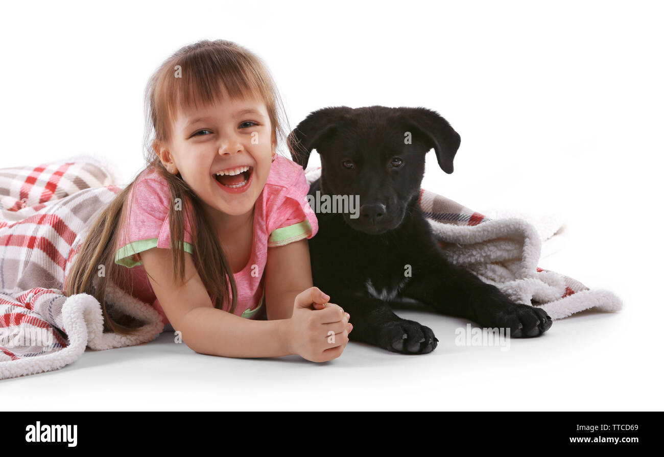 Little cute girl with puppy isolated on white Stock Photo - Alamy