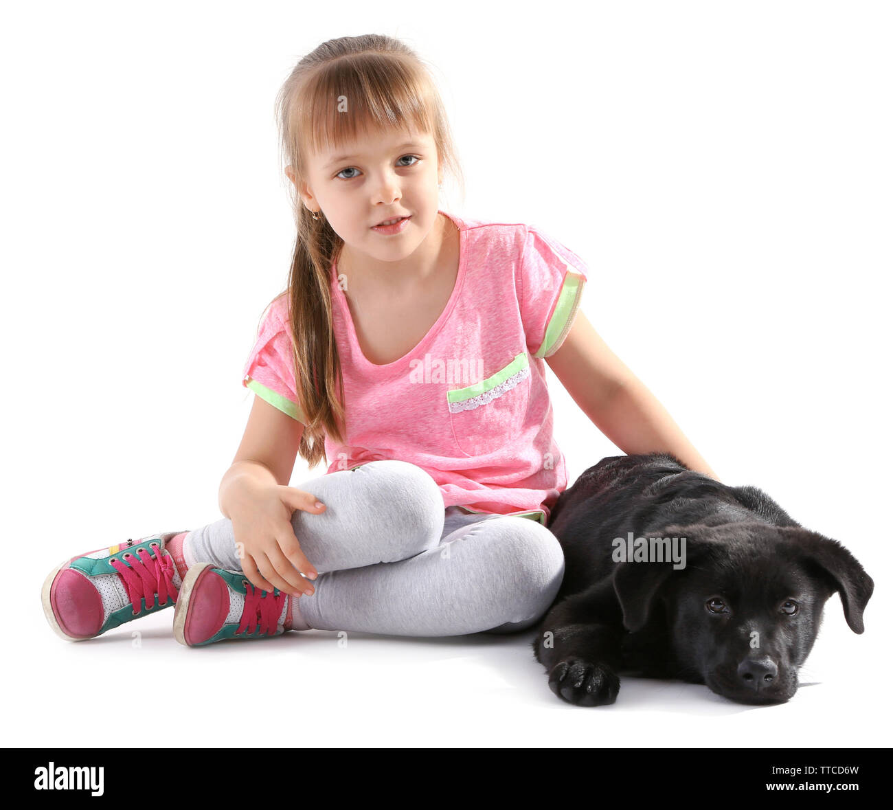 Little cute girl with puppy isolated on white Stock Photo - Alamy