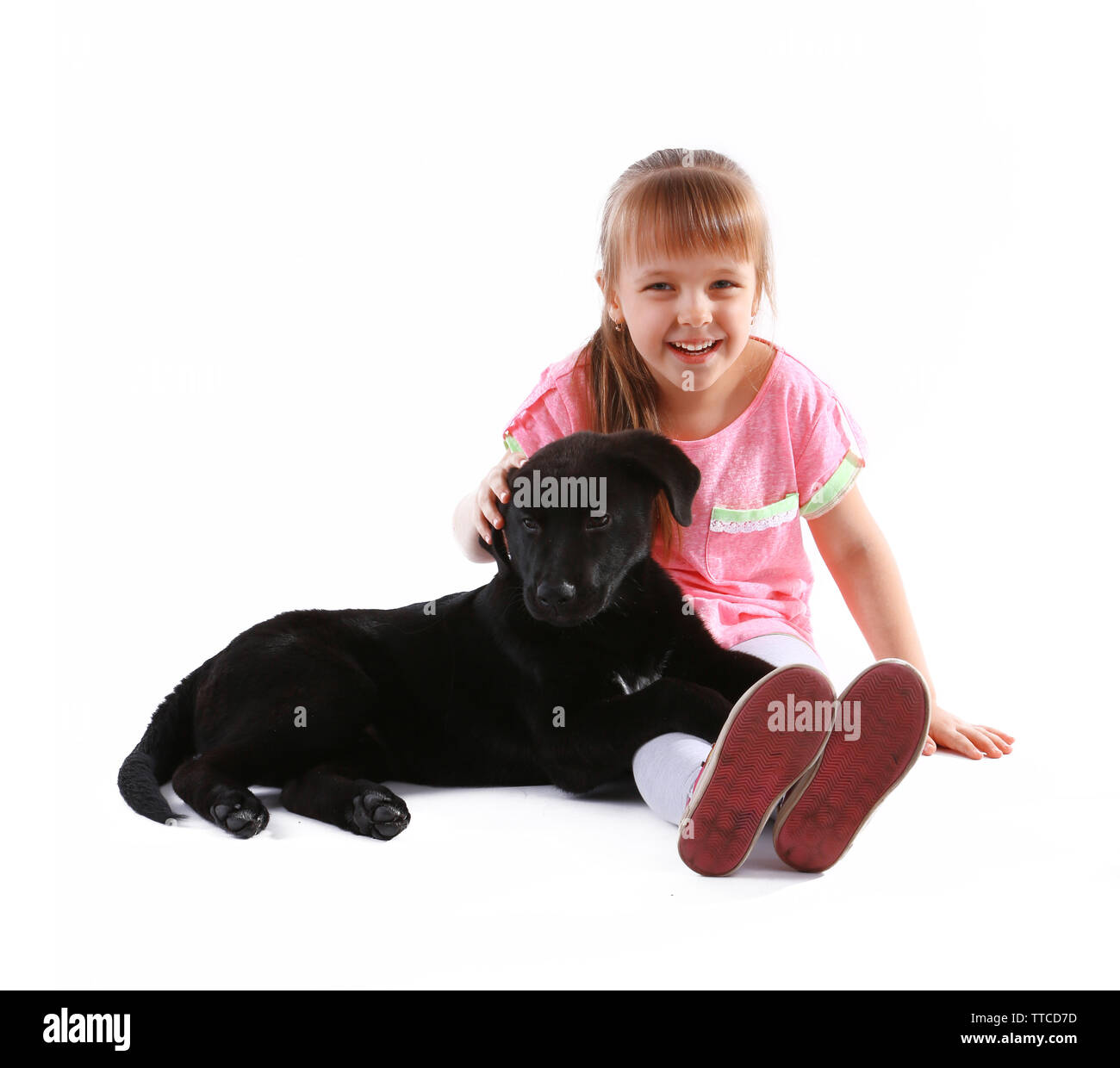 Little cute girl with puppy isolated on white Stock Photo - Alamy