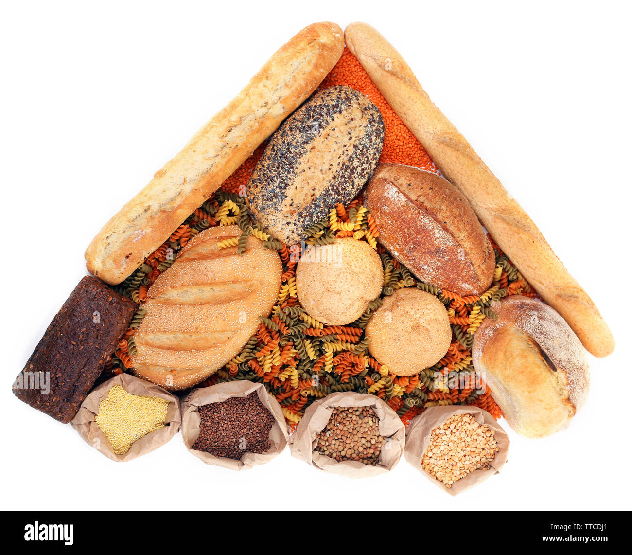 Different types of bread, pasta and cereal, in the form of triangle ...