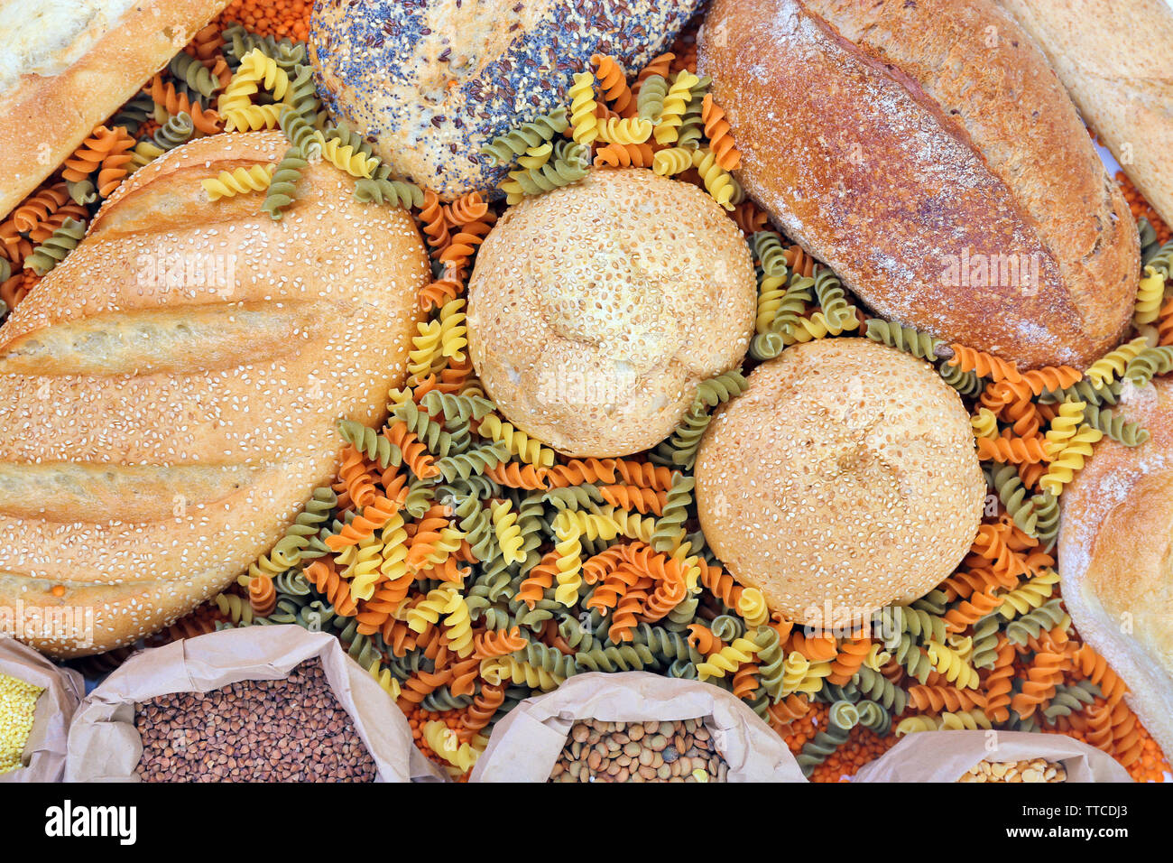 Different types of bread, pasta and cereal, close-up Stock Photo - Alamy