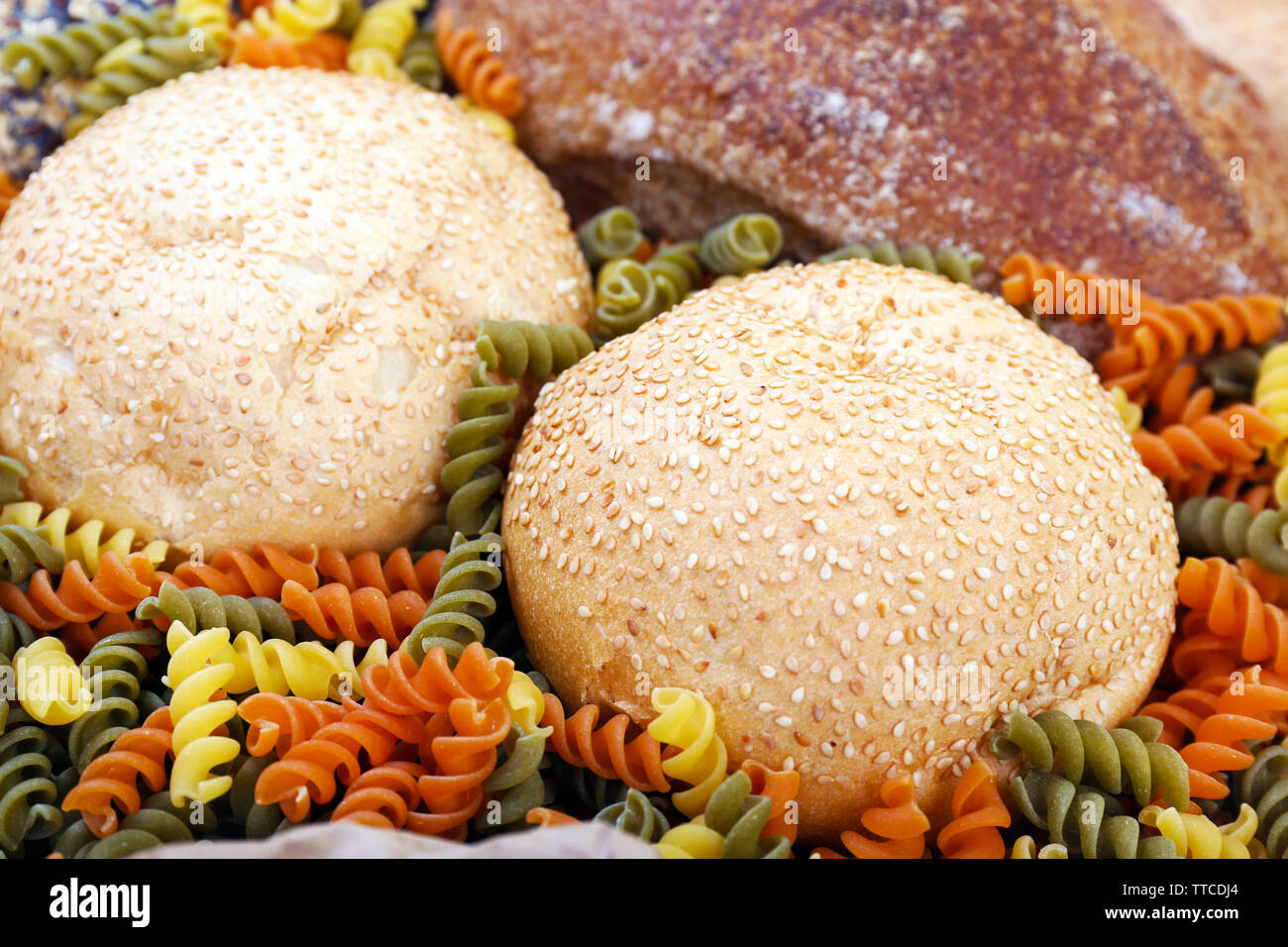Different types of bread, pasta and cereal, close-up Stock Photo - Alamy