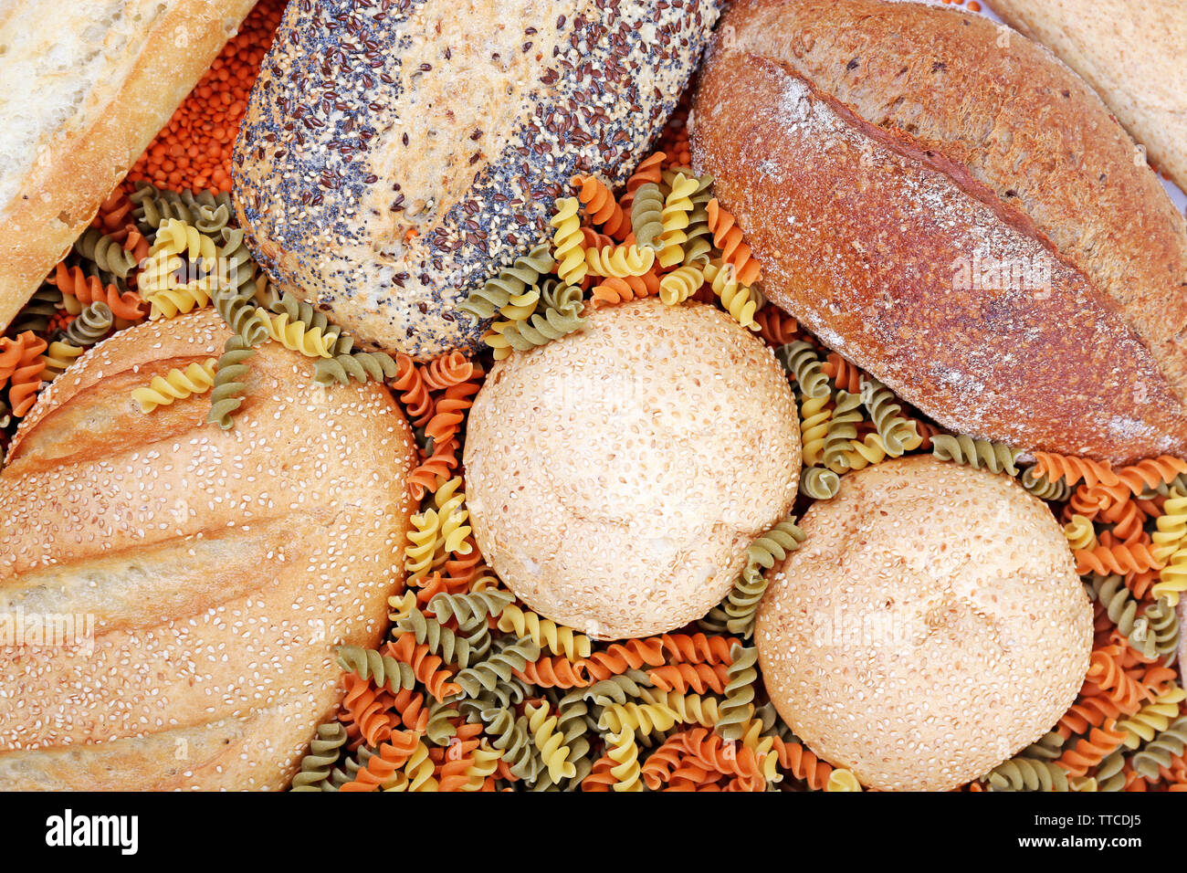 Different types of bread, pasta and cereal, close-up Stock Photo - Alamy