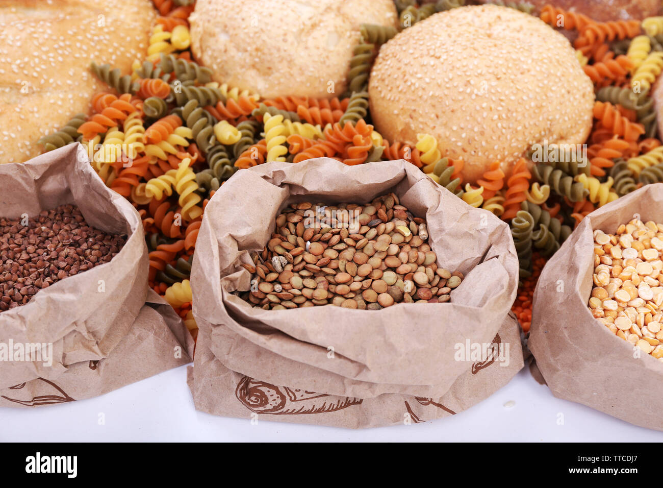 Different types of bread, pasta and cereal, close-up Stock Photo - Alamy