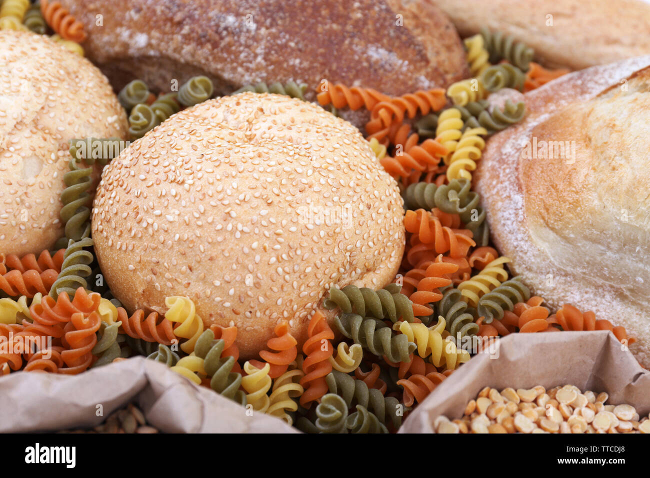 Different types of bread, pasta and cereal, close-up Stock Photo - Alamy
