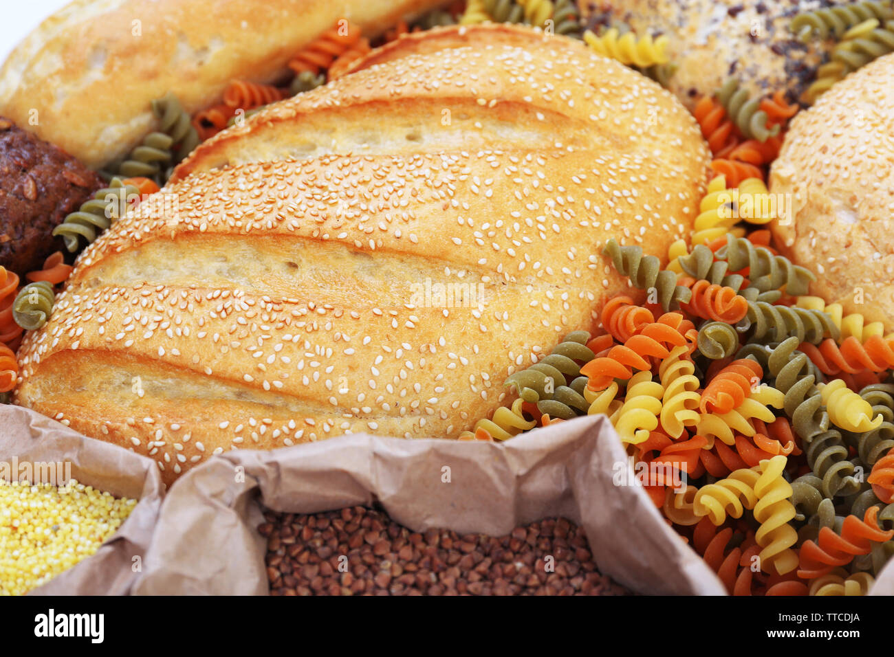 Different types of bread, pasta and cereal, close-up Stock Photo - Alamy