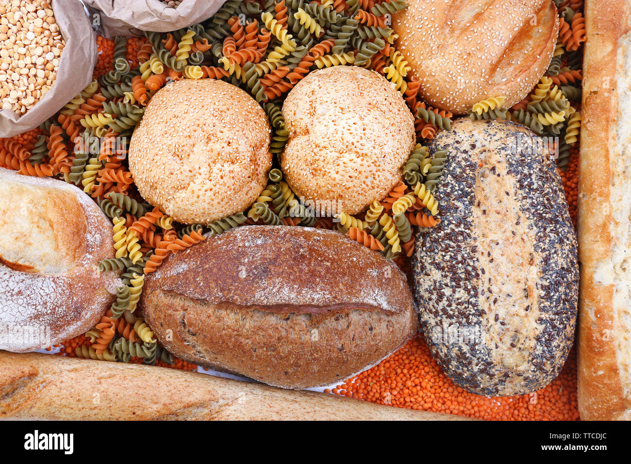 Different types of bread, pasta and cereal, close-up Stock Photo - Alamy
