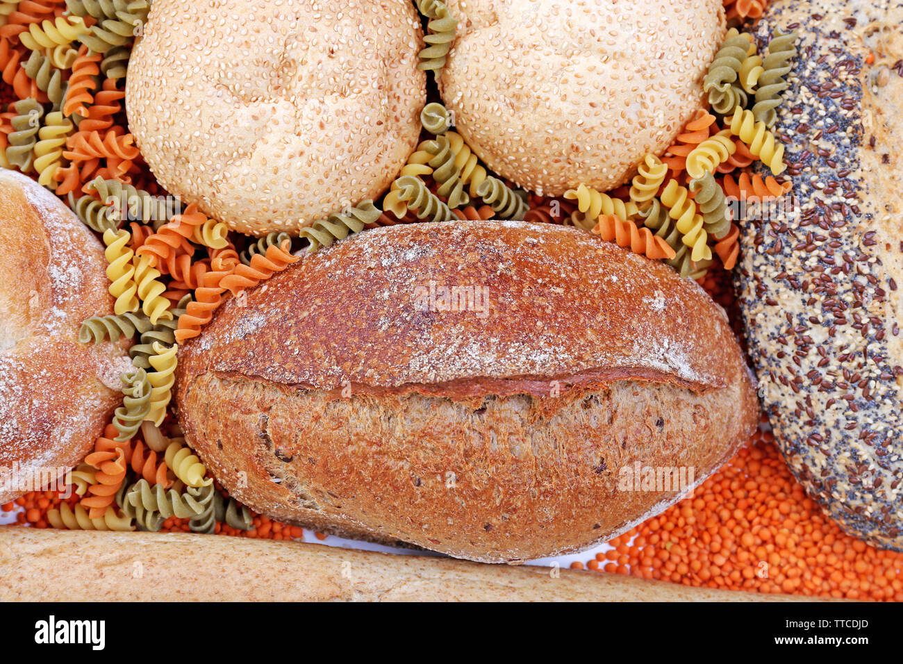 Different types of bread, pasta and cereal, close-up Stock Photo - Alamy