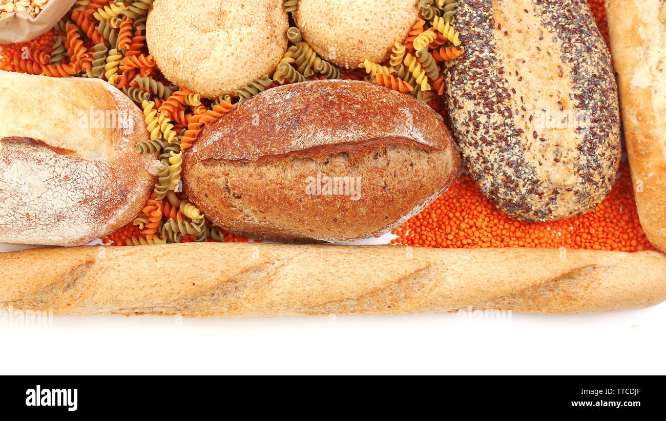 Different types of bread, pasta and cereal, isolated on white Stock ...