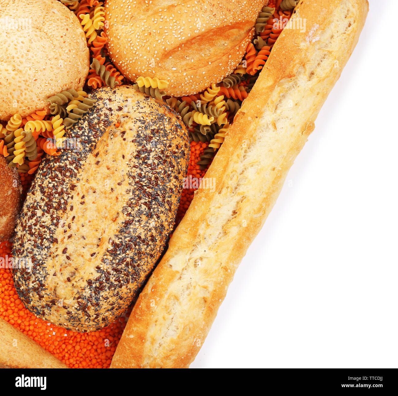 Different types of bread, pasta and cereal, isolated on white Stock ...