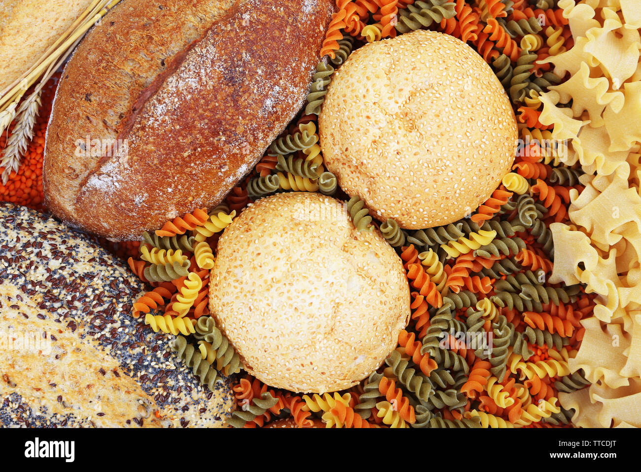 Different types of bread, pasta and cereal, close-up Stock Photo - Alamy