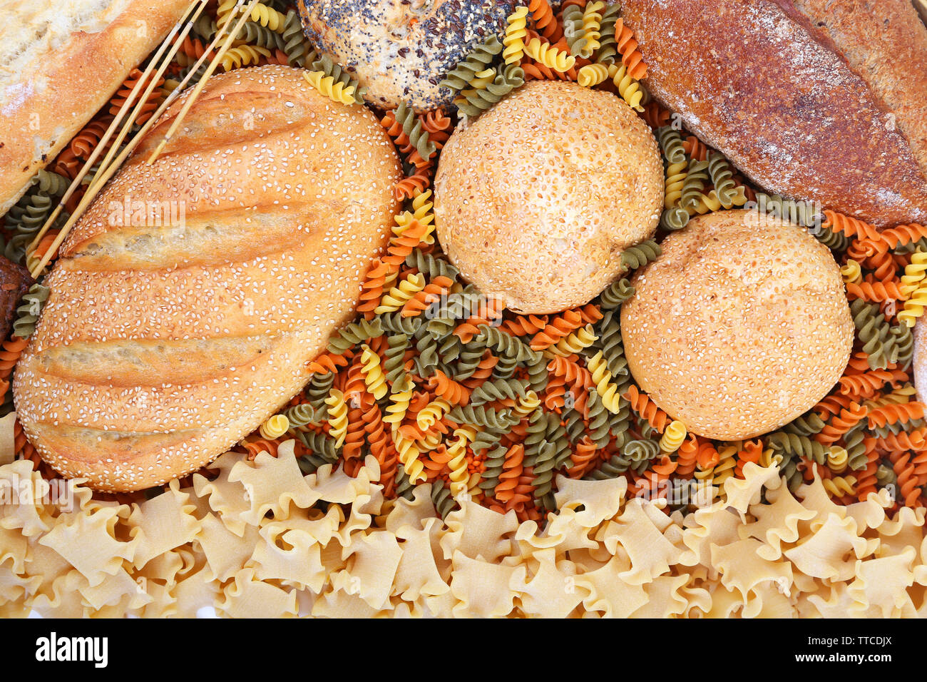 Different types of bread, pasta and cereal, close-up Stock Photo - Alamy