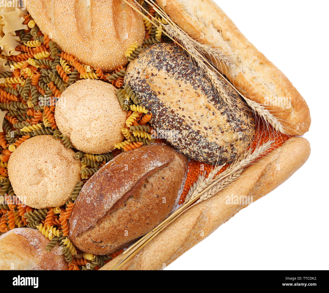 Different types of bread, pasta and cereal, isolated on white Stock ...