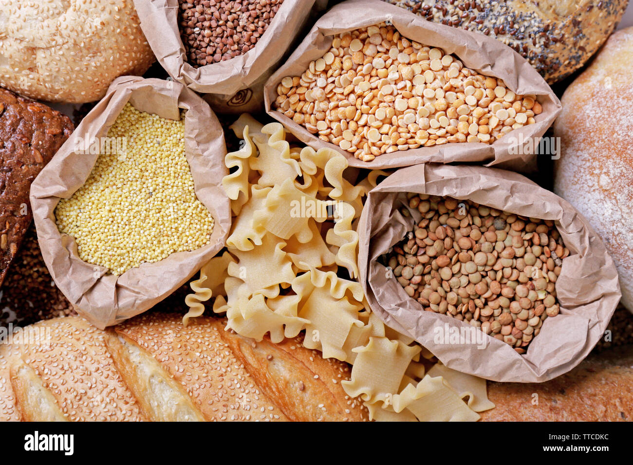 Different types of bread, pasta and cereal, close-up Stock Photo - Alamy
