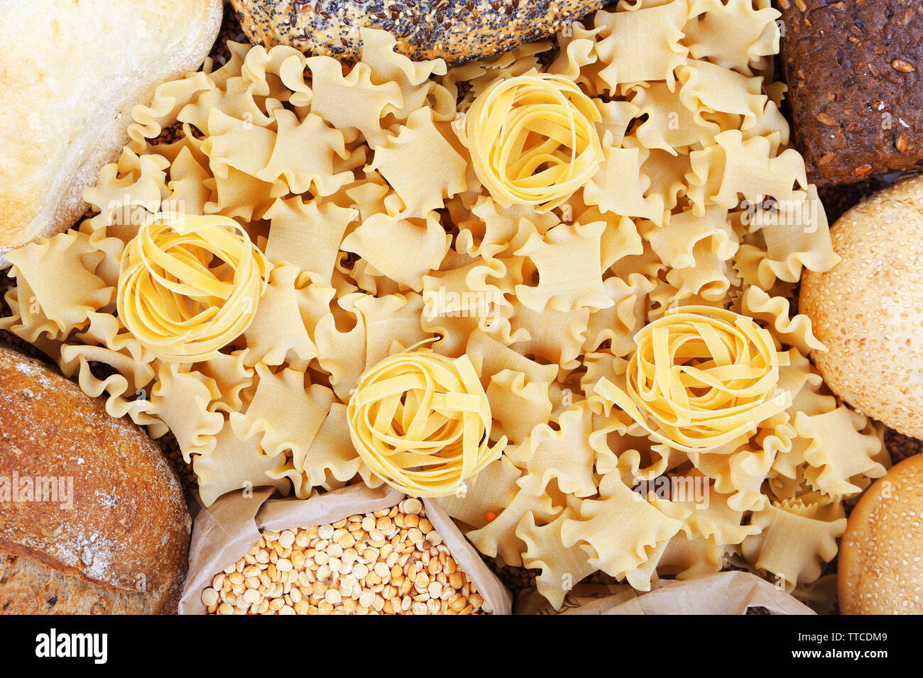 Different types of bread, pasta and cereal, close-up Stock Photo - Alamy