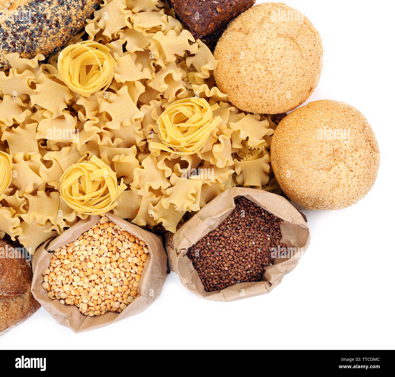 Different types of bread, pasta and cereal, isolated on white Stock ...