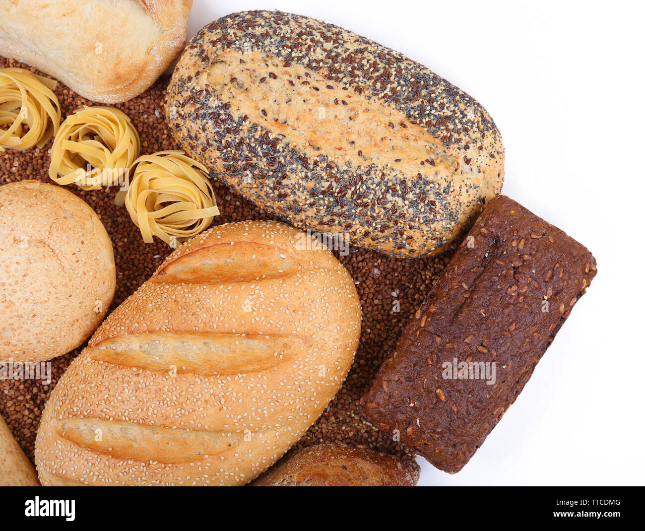 Different types of bread, pasta and cereal, isolated on white Stock ...