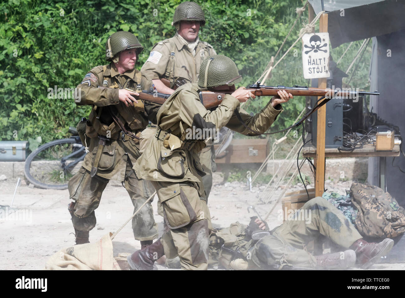 Three Reenactors dressed as Soldiers from the U.S Army 82nd Airborne ...