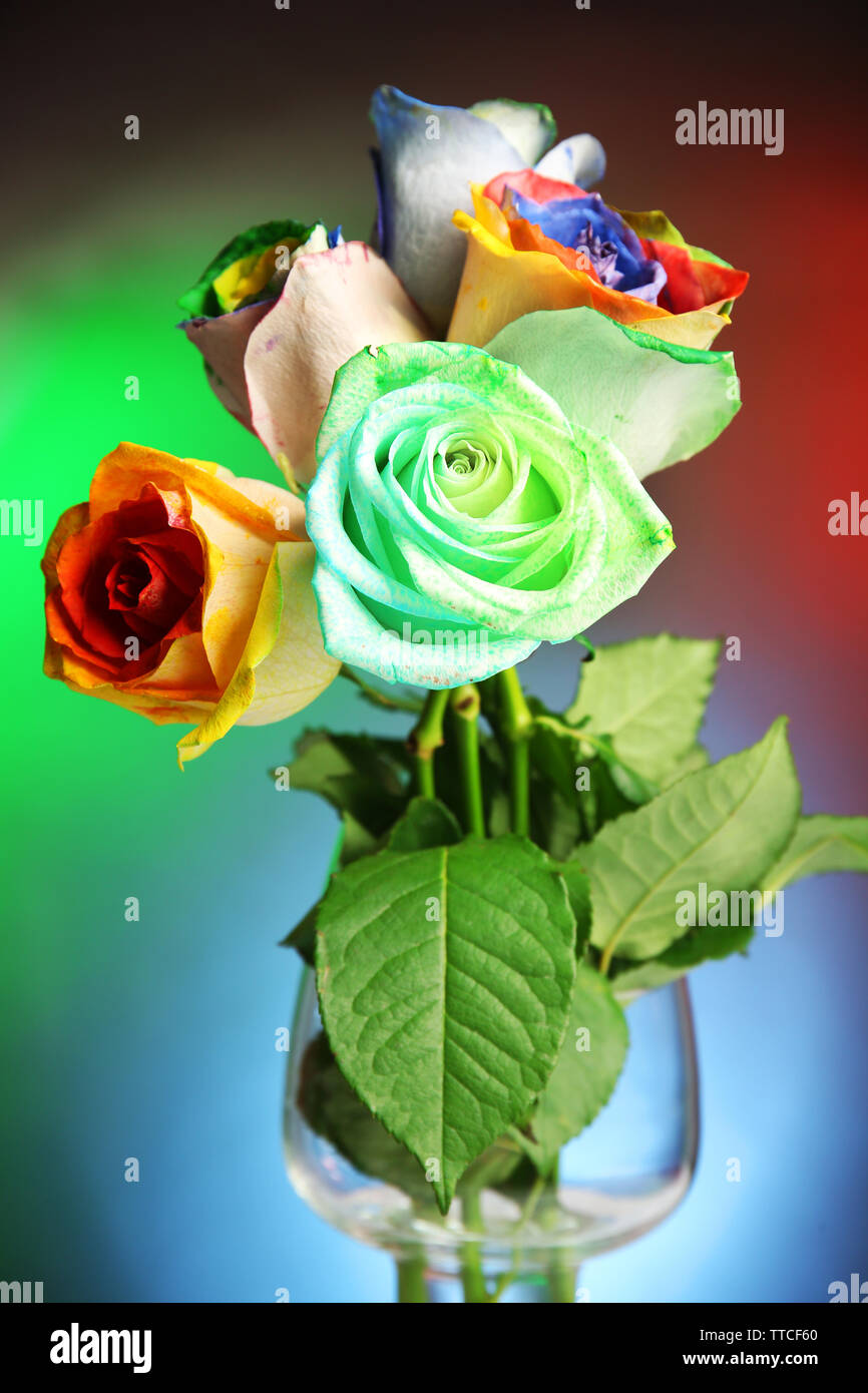Beautiful bouquet of painted roses on colourful background, close up ...