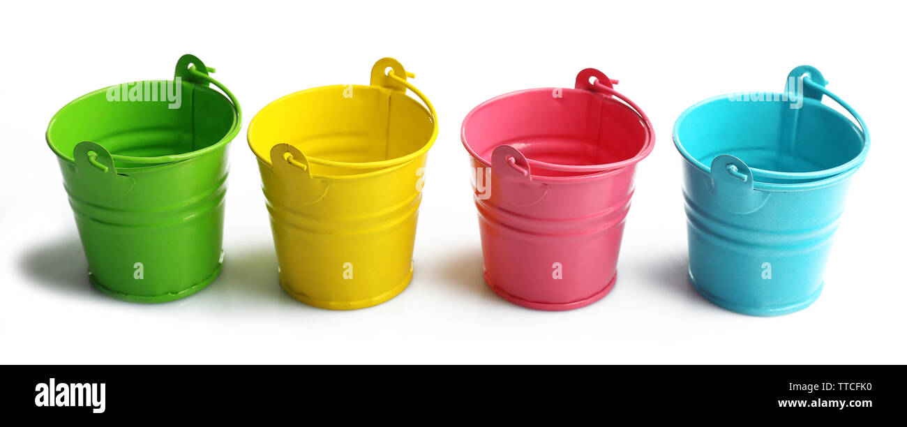 Four buckets of different colours, isolated on white Stock Photo - Alamy