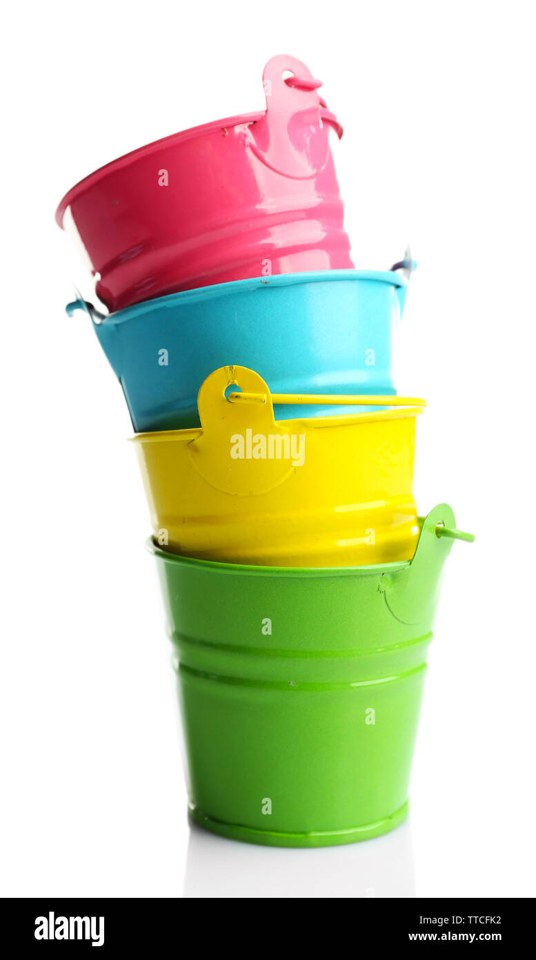 Four buckets of different colours, isolated on white Stock Photo - Alamy