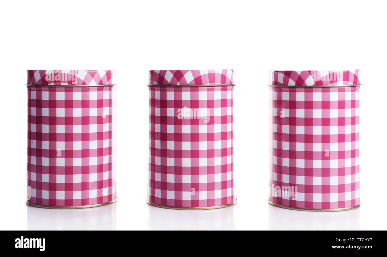Three red and white checkered tin containers, isolated on white Stock ...