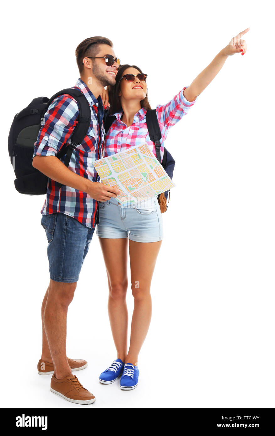 A pair of happy tourists sightseeing in summer, isolated on white Stock ...
