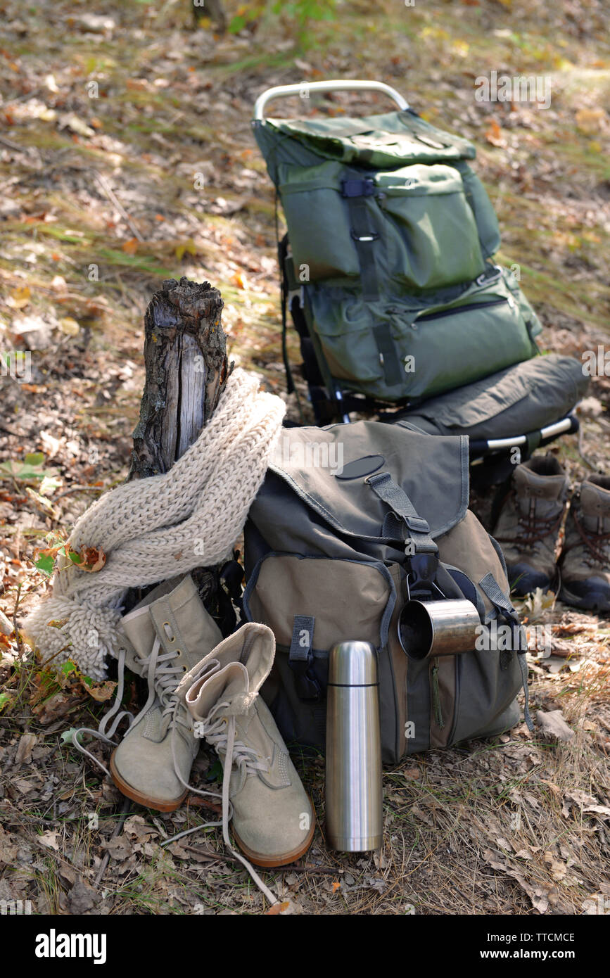 Tourist equipment in the forest Stock Photo - Alamy
