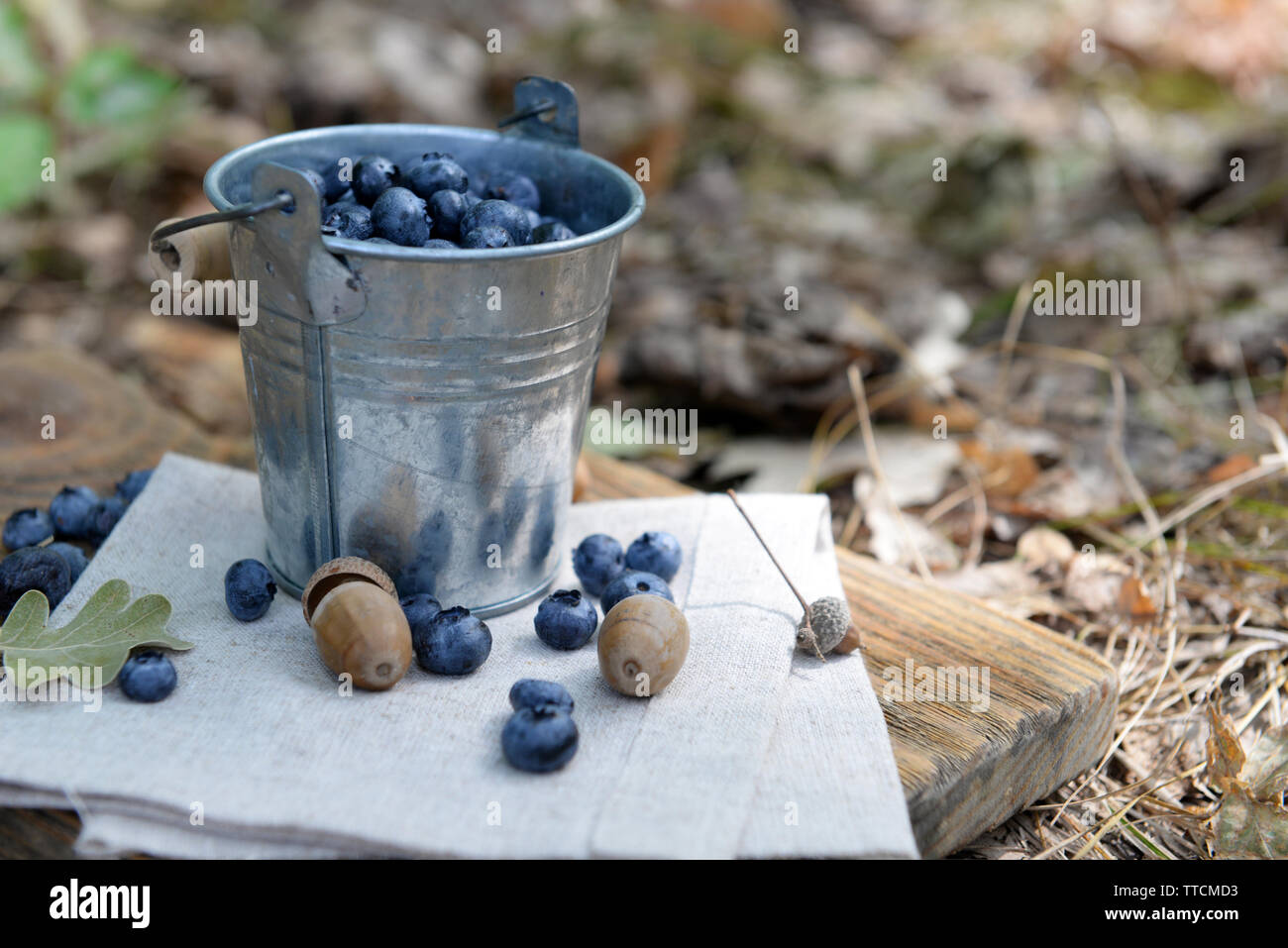 Bucket of ripe blueberry on cutting board on the ground Stock Photo - Alamy