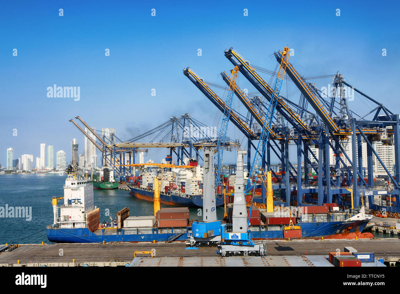January 27, 2019, Cartagena, Columbia. Port with cargo ships, cranes ...