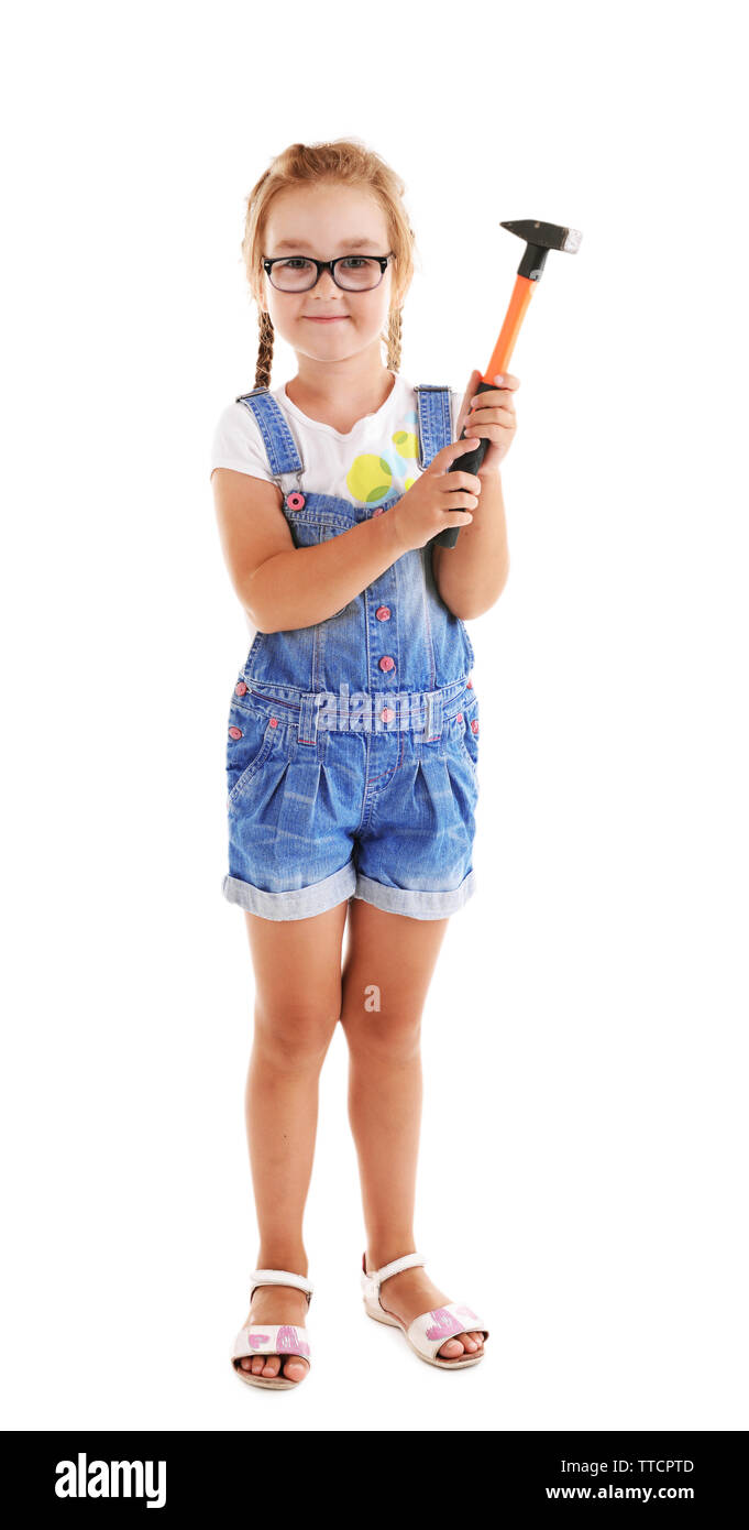 Little girl with hammer isolated on white background Stock Photo - Alamy