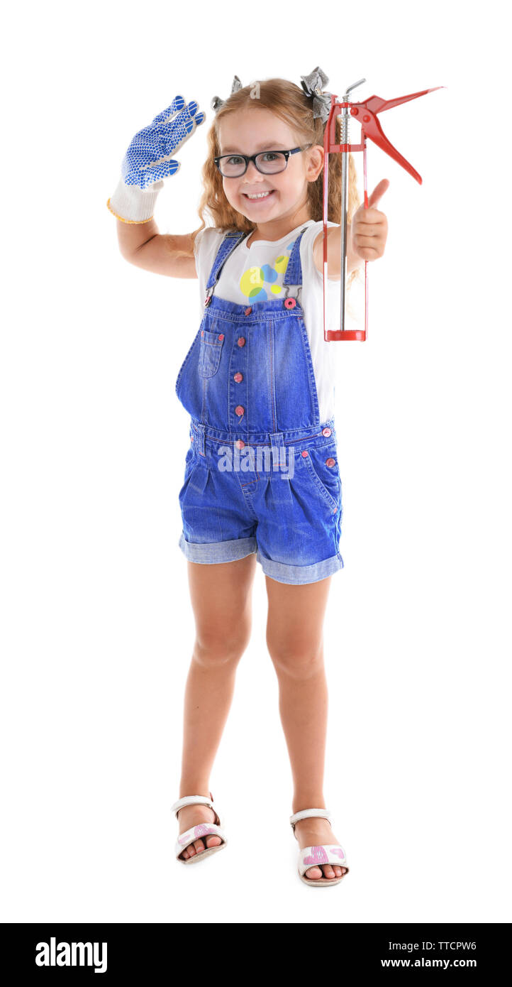 Happy girl with building equipment isolated on white background Stock ...