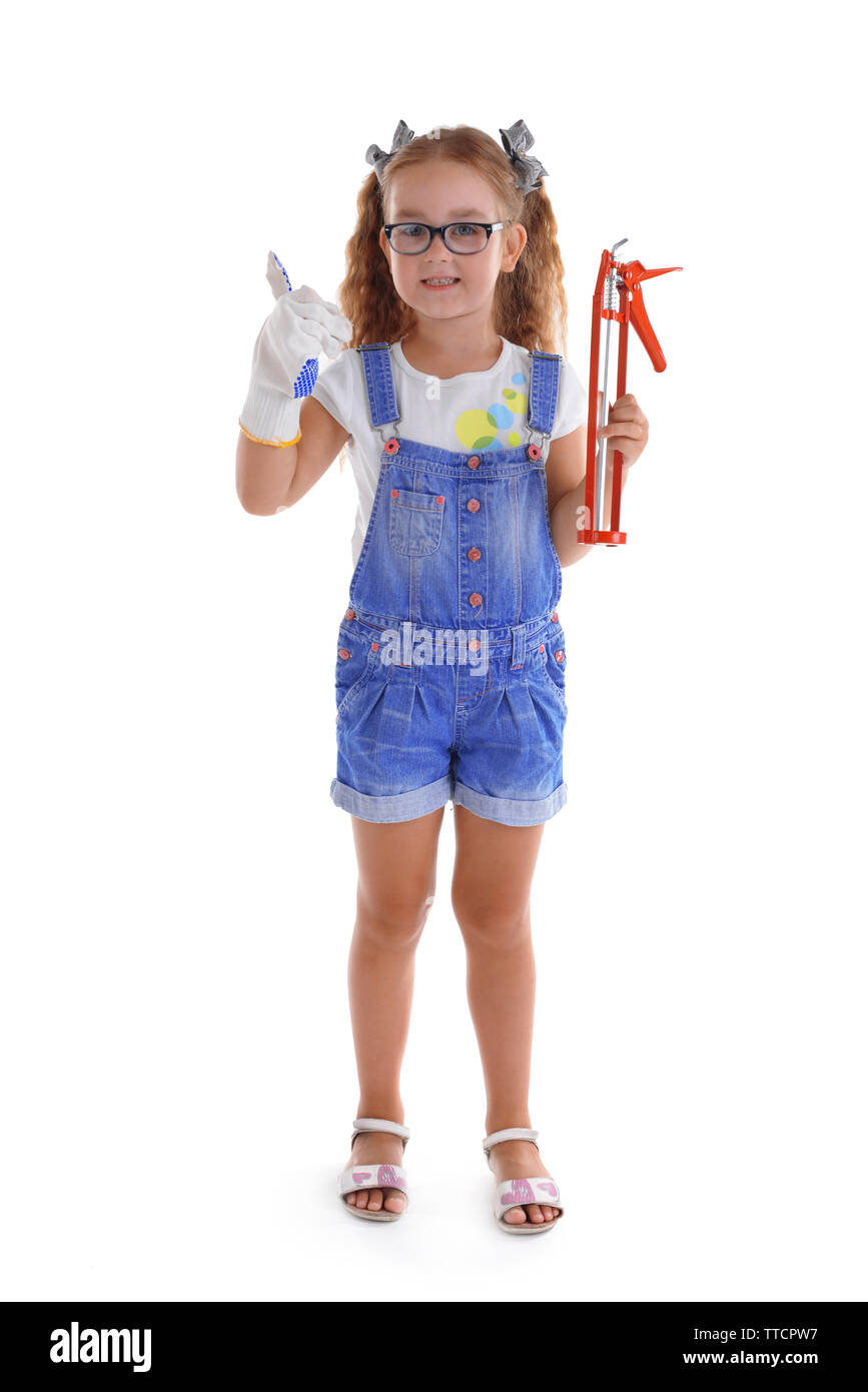 Happy girl with building equipment isolated on white background Stock ...