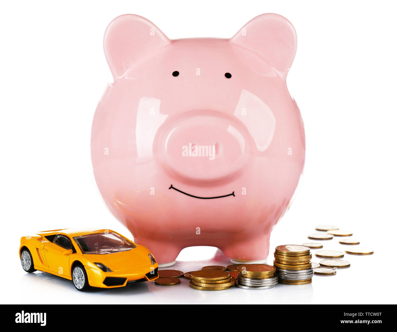 Piggy bank with car toy and coins around, isolated on white Stock Photo ...