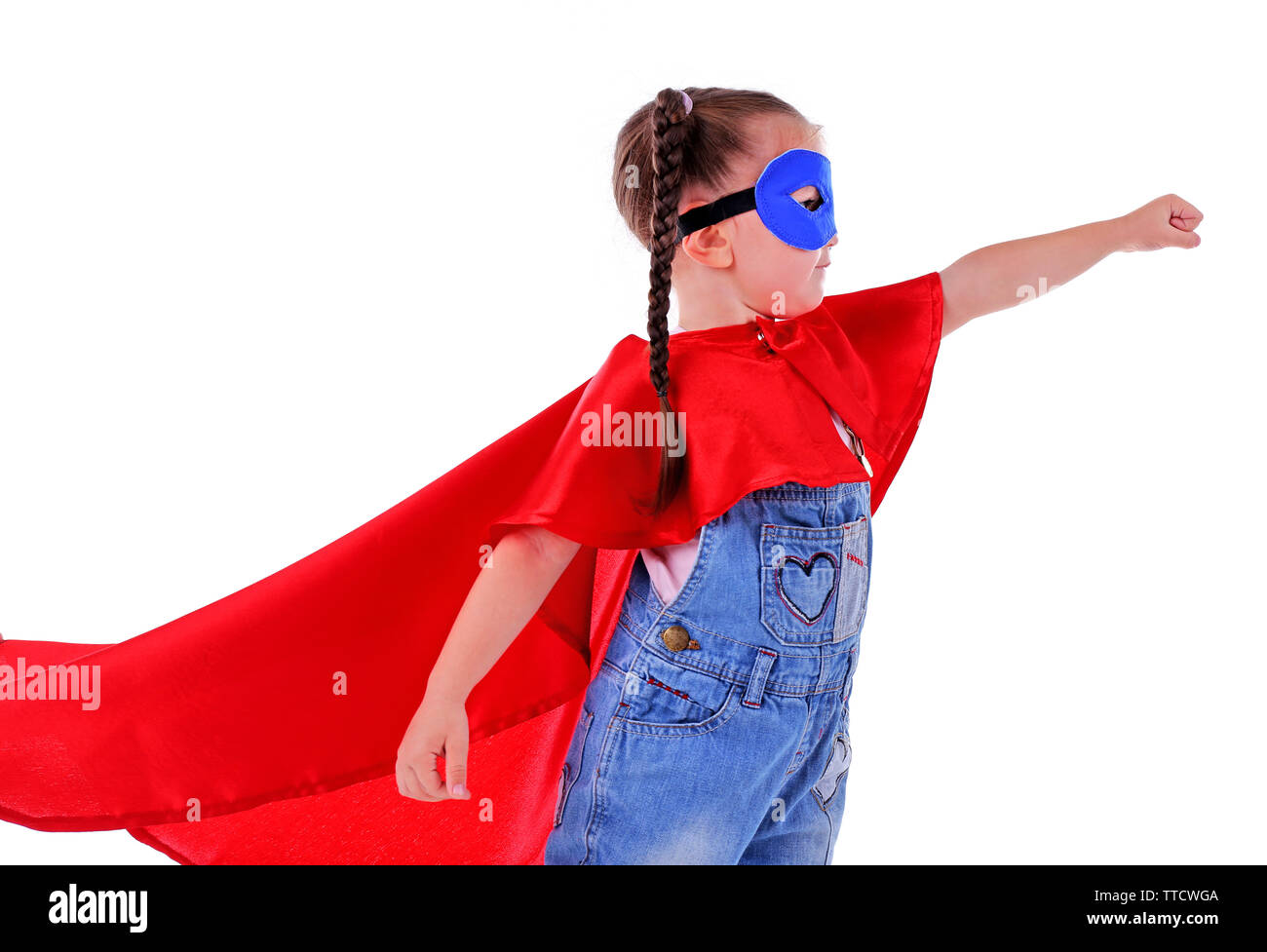 Cute little girl dressed as superhero isolated on white background ...