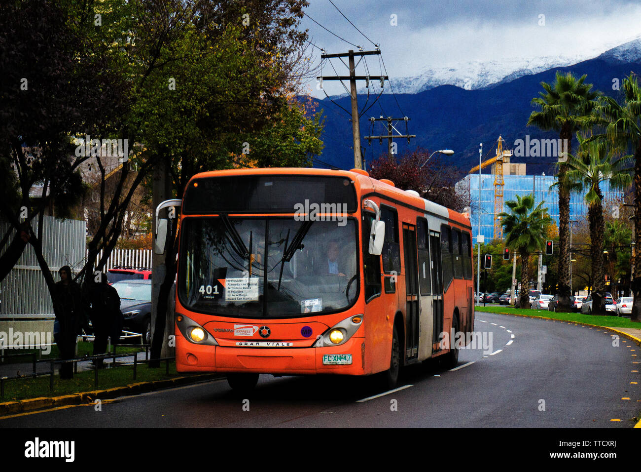 SANTIAGO, CHILE - MAY 2017: A public transport bus with the snowy ...