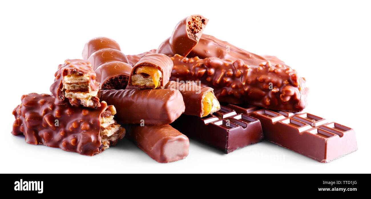 Mix of chocolate bars, isolated on white Stock Photo - Alamy