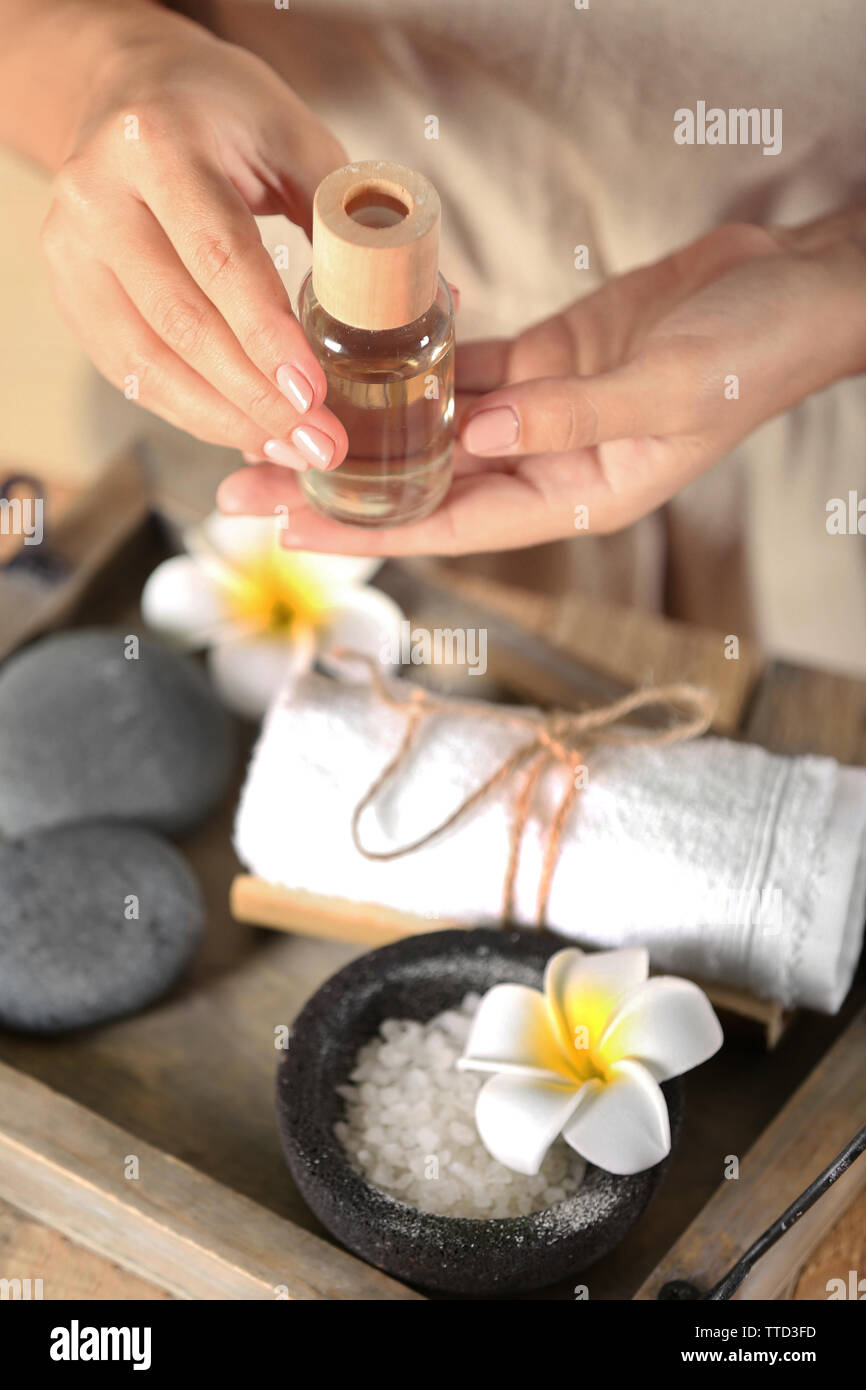 Female hands with tray of spa products, at spa salon Stock Photo - Alamy