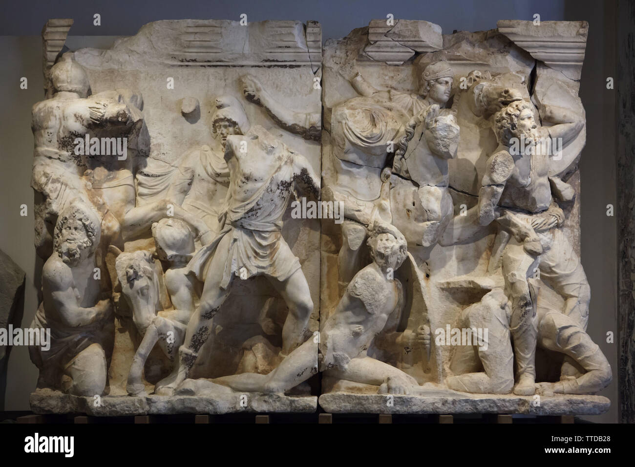 Battle scene depicted in the marble relief from the Parthian Monument ...