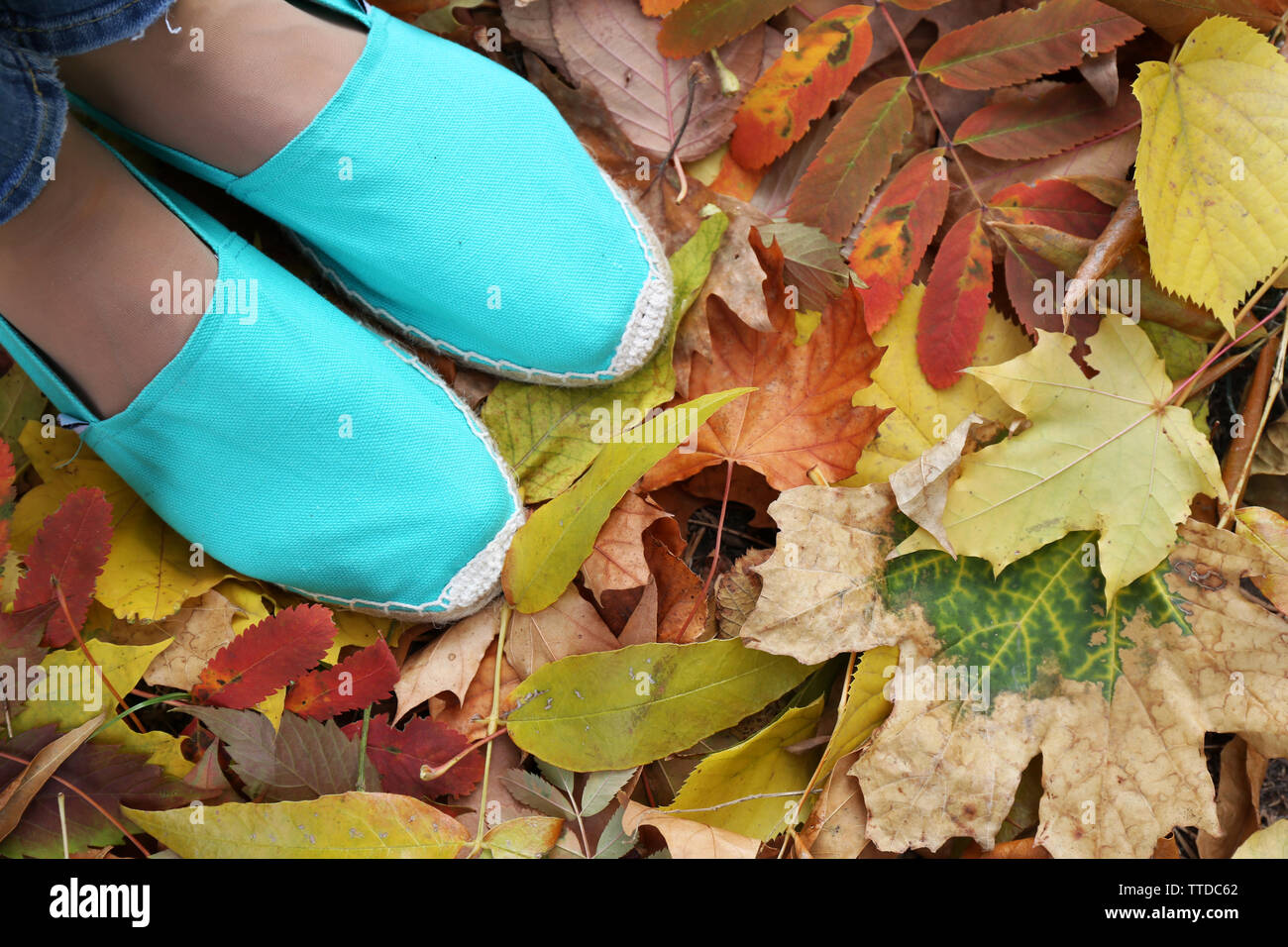 Woman in blue trainers standing on foliage Stock Photo - Alamy