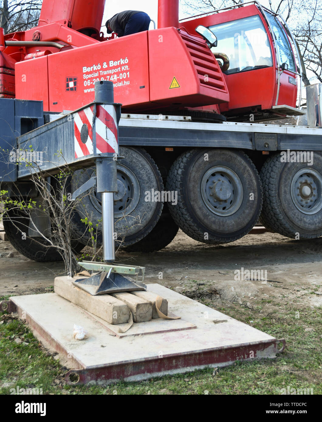 BUDAPEST, HUNGARY - MARCH 2018: Hydraulic stabiliser arm extended on a ...