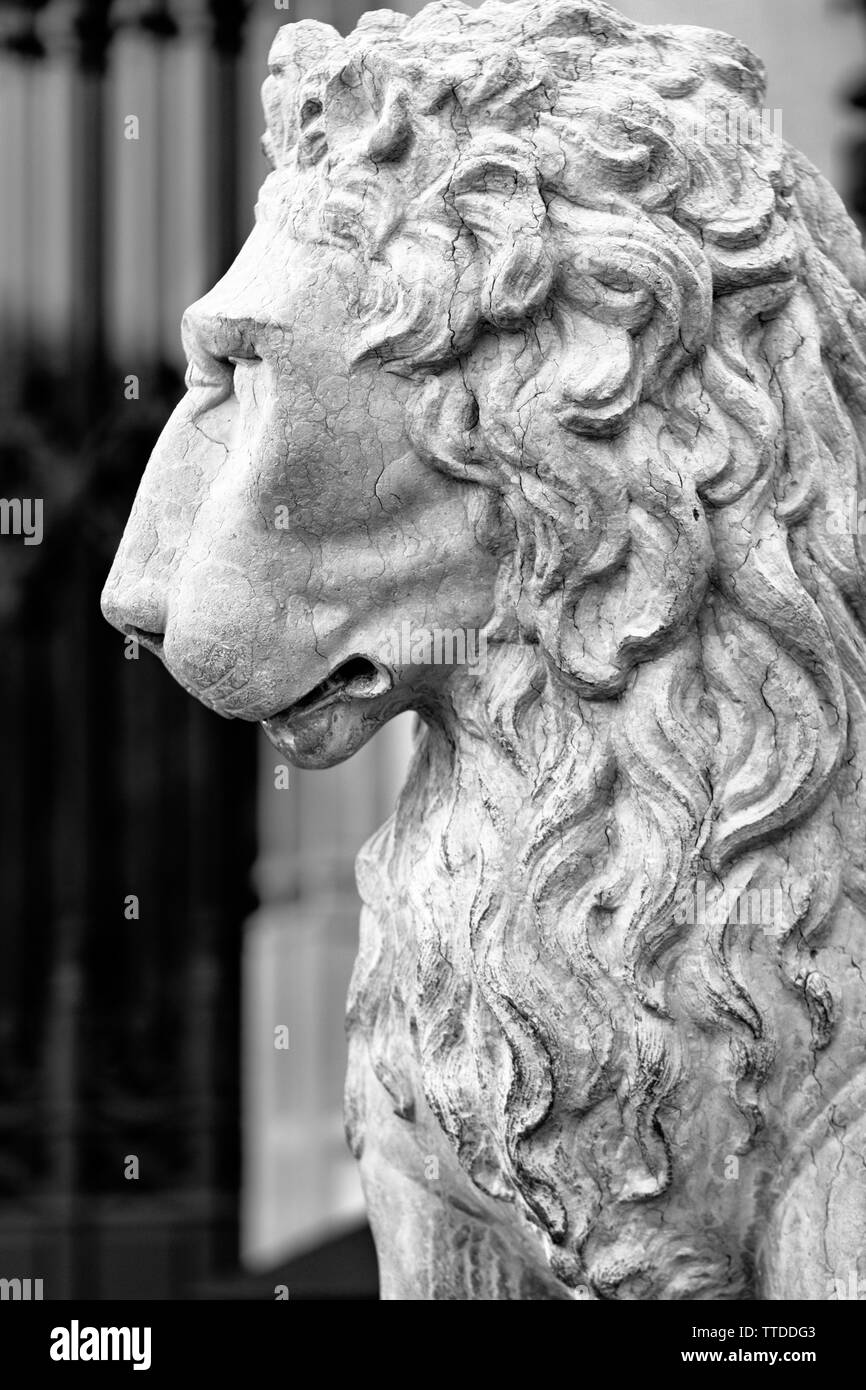 The marble, iconic Guard Lion statue looks stern and noble in profile ...