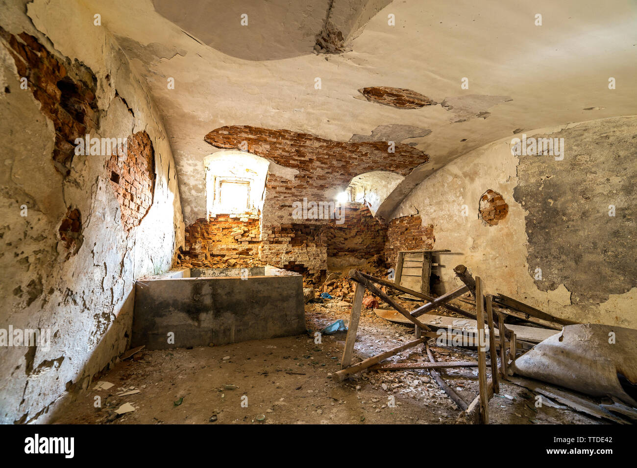 Old forsaken empty basement room of ancient building or palace with ...