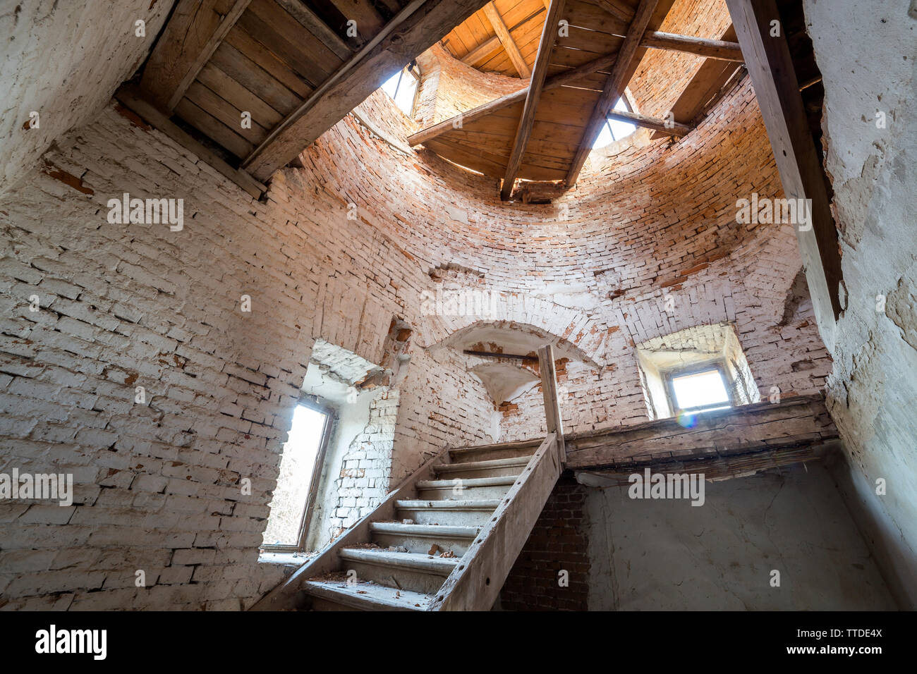 Large spacious forsaken empty basement room of ancient building or ...
