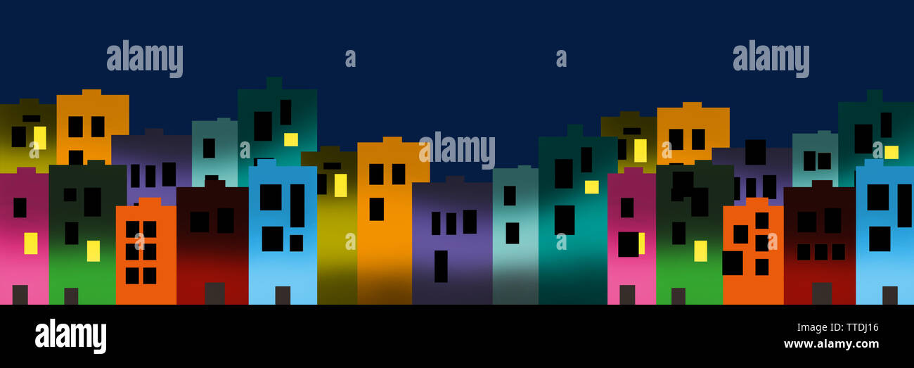 Digital illustration of city colourful buildings at night with dark and ...