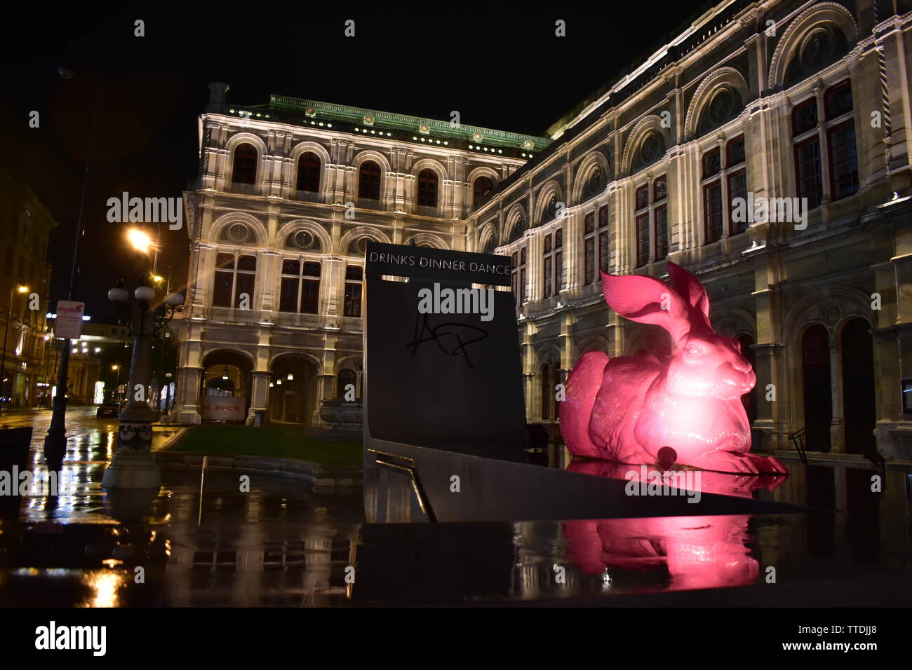 pink bunny sculpture at the operahouse during a rainy night in Vienna ...